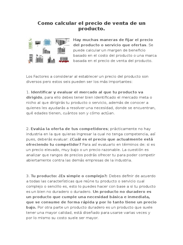 Como Calcular El Precio de Venta de Un Producto | Descargar gratis PDF ...