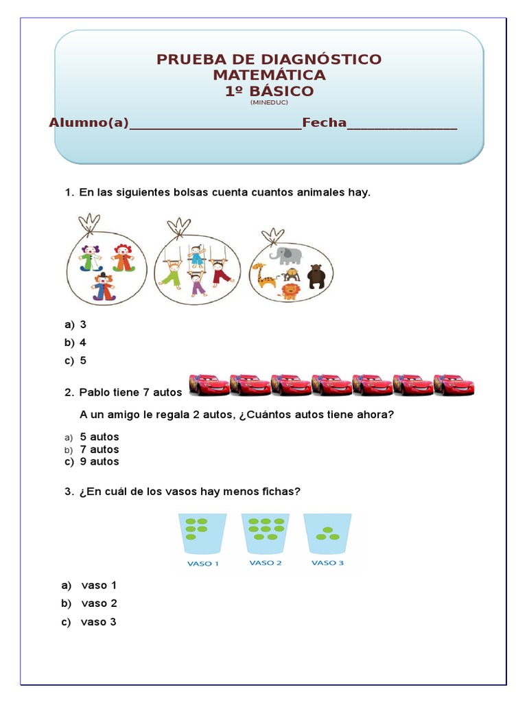 Prueba Diagnóstica Matemáticas 1º Básico | PDF | Enseñanza de matemática