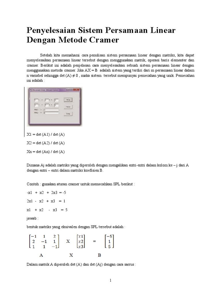 Penyelesaian Sistem Persamaan Linear Dengan Metode Cramer | PDF