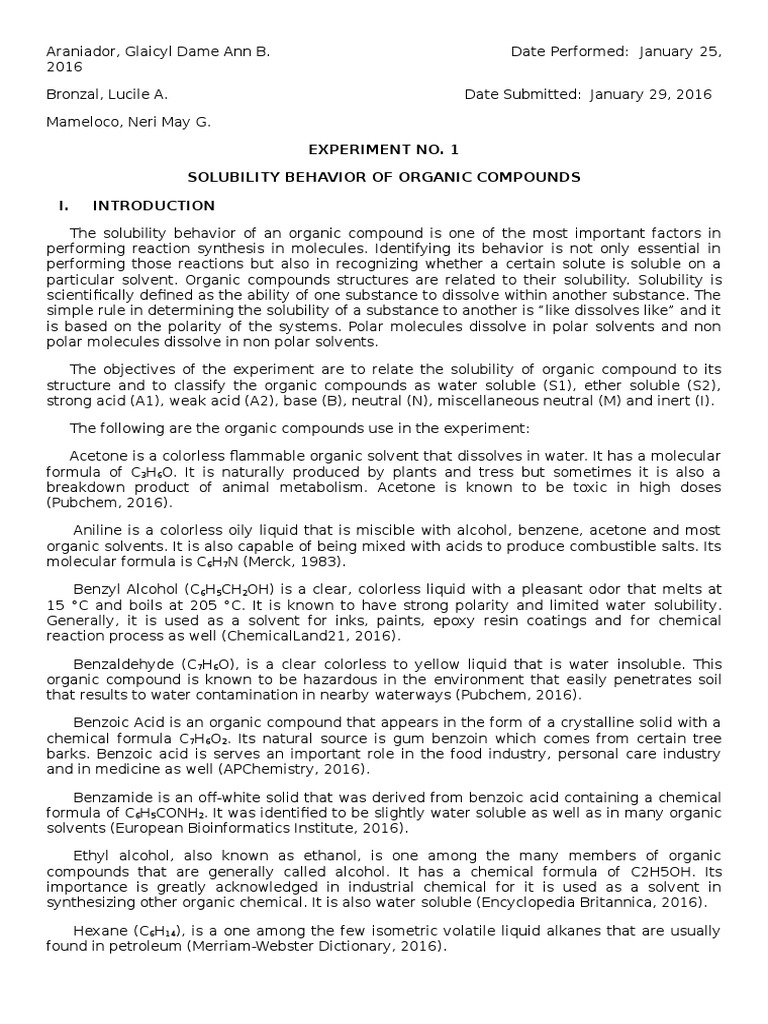 Chem 33.1 Exp 1 Lab Report | PDF | Solubility | Solvent