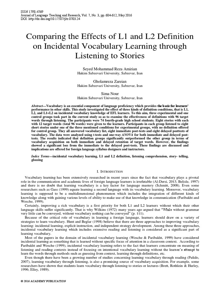 Comparing The Effects of L1 and L2 Definition On Incidental Vocabulary ...