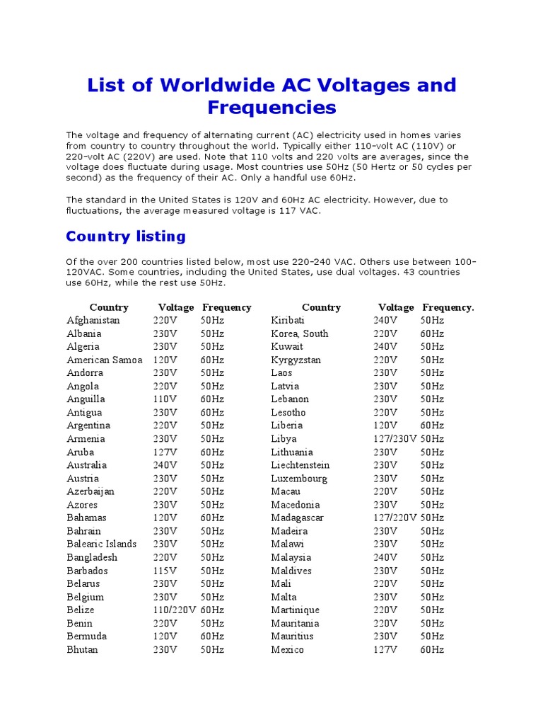 List of Worldwide AC Voltages and Frequencies by Country | PDF | Mains ...