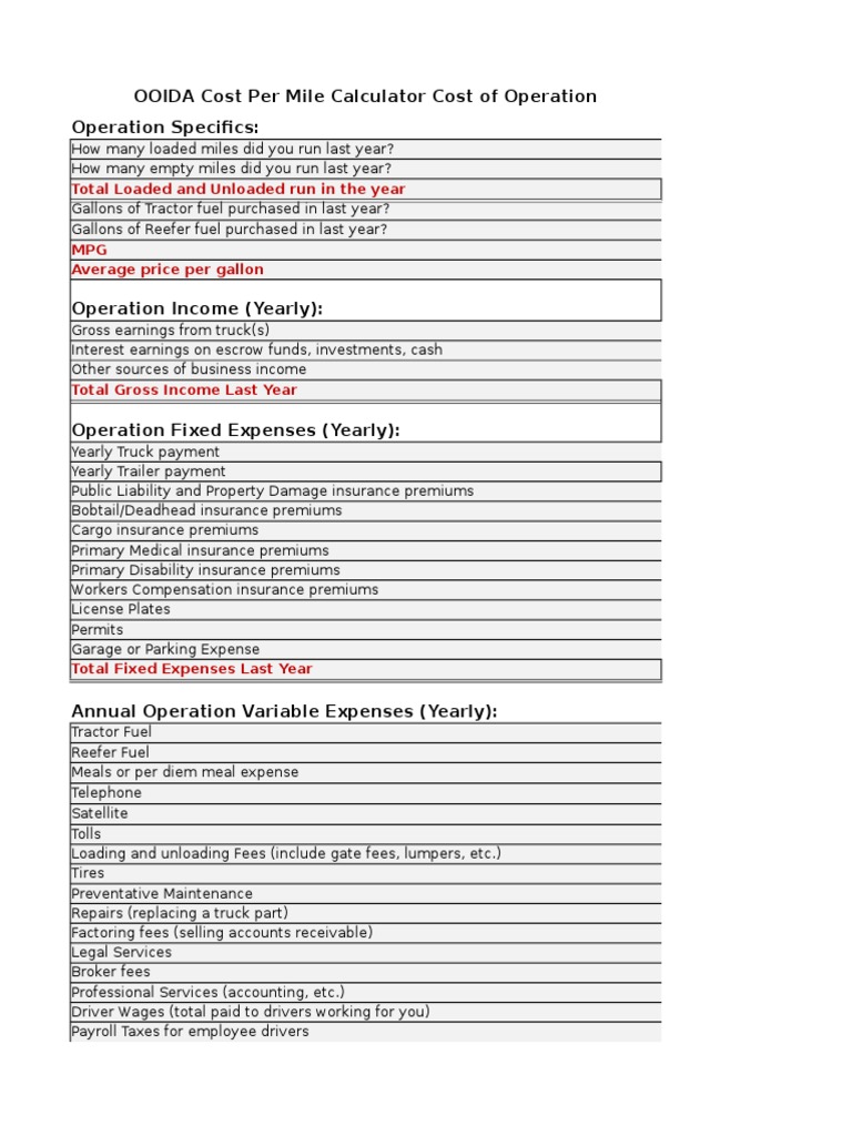 OOIDA Cost Per Mile Calculator | PDF | Expense | Fee