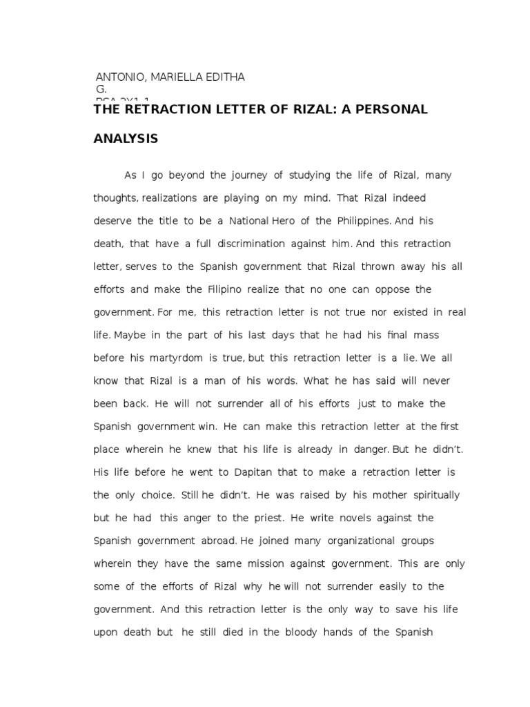 Retraction Letter of Rizal | PDF