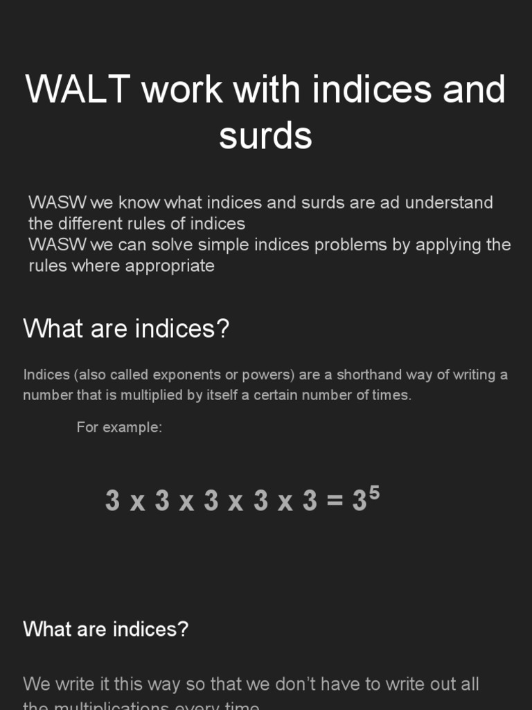 WALT Work With Indices and Surds | PDF | Pi | Fraction (Mathematics)
