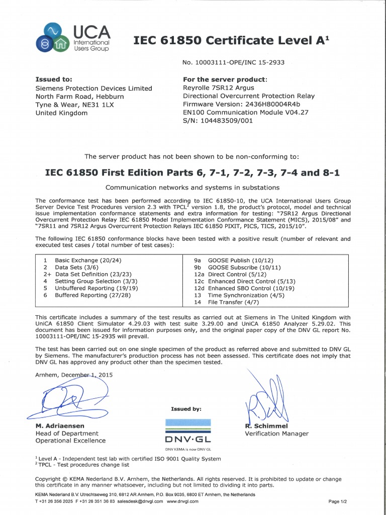 KEMA Certificate - 7SR11 and 7SR12 IEC 61850 | PDF