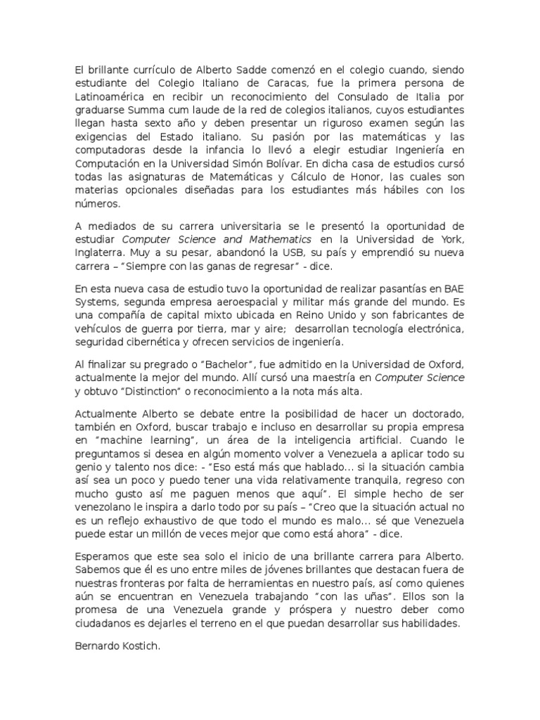 Carrera Brillante de Alberto Sadde | PDF | Venezuela | Italia