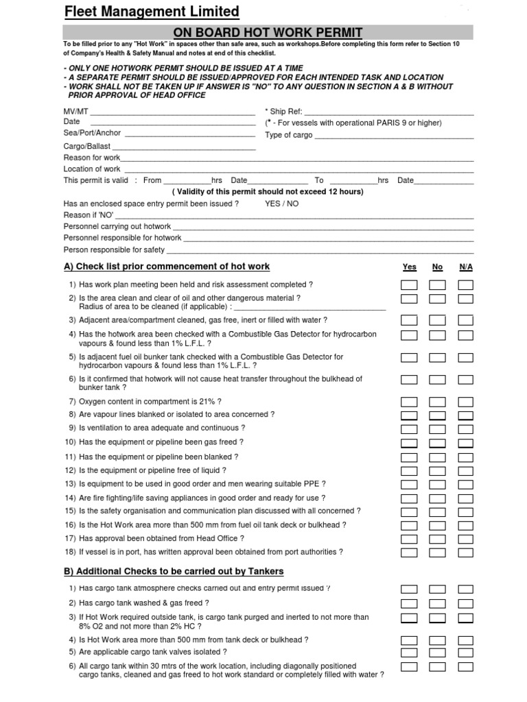 Hot Work Permit | Fuel Oil | Oil Tanker