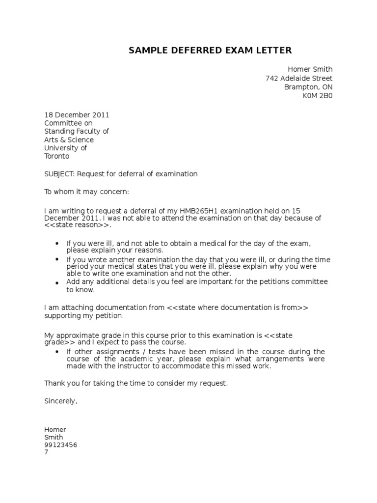 Request for Deferred Exam Due to Illness and Expectation to Pass Course with Approximate Grade ...