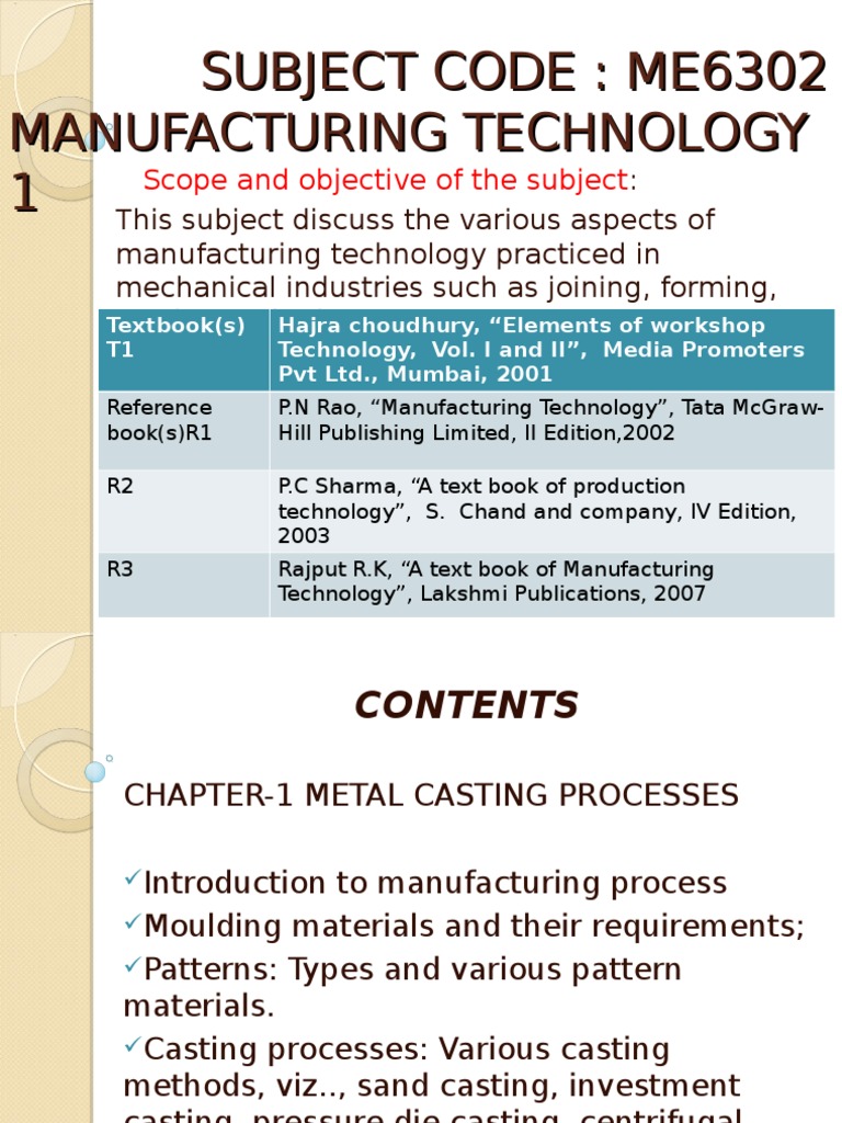 Subject Code: Me6302 Manufacturing Technology 1 | PDF | Casting (Metalworking) | Foundry