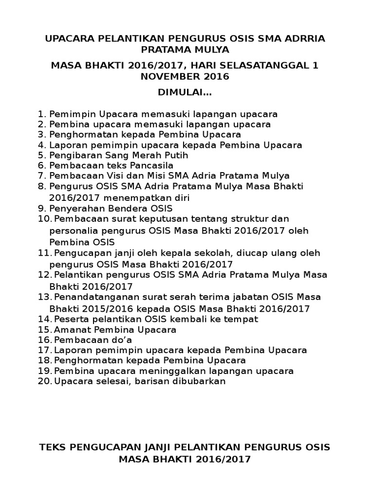 Protokoler Upacara Pelantikan Pengurus Osis 1617 Edit | PDF | Karier ...