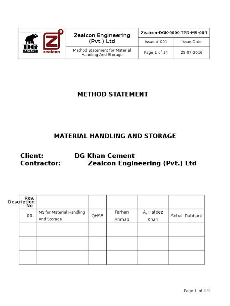 Method Statement For Handling, Storage, Packaging, Preservation and ...