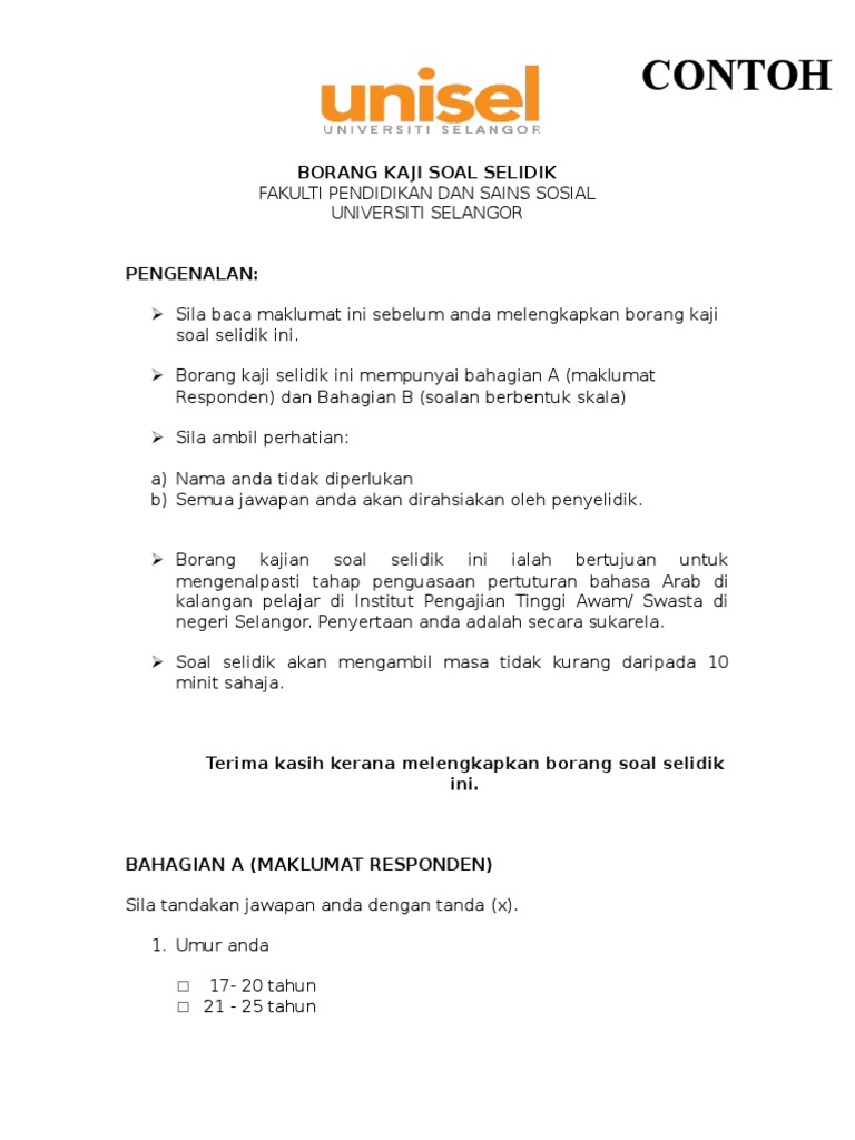 Borang Kaji Soal Selidik Contoh | PDF
