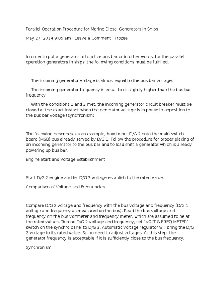 Parallel Operation Procedure For Marine Diesel Generators in Ships ...