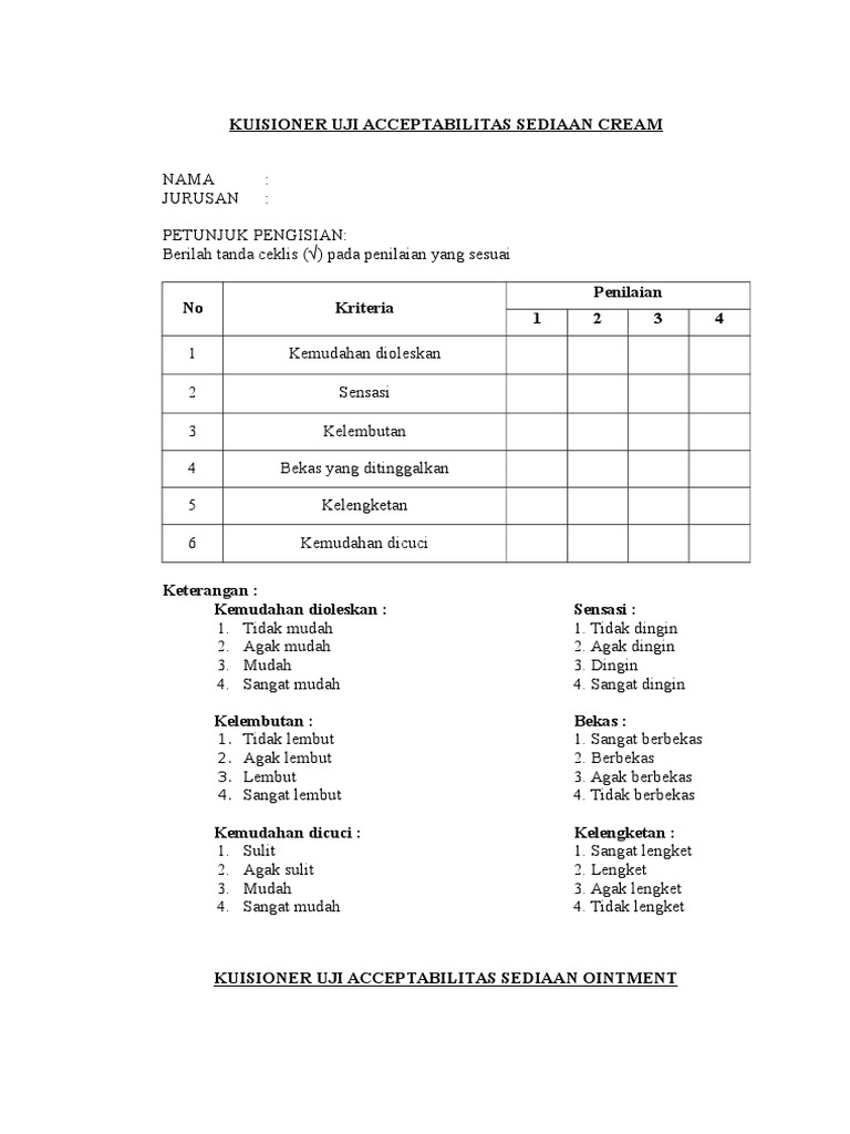 Kuisioner Uji Acceptabilitas Sediaan Cream Dan Ointment 2 | PDF