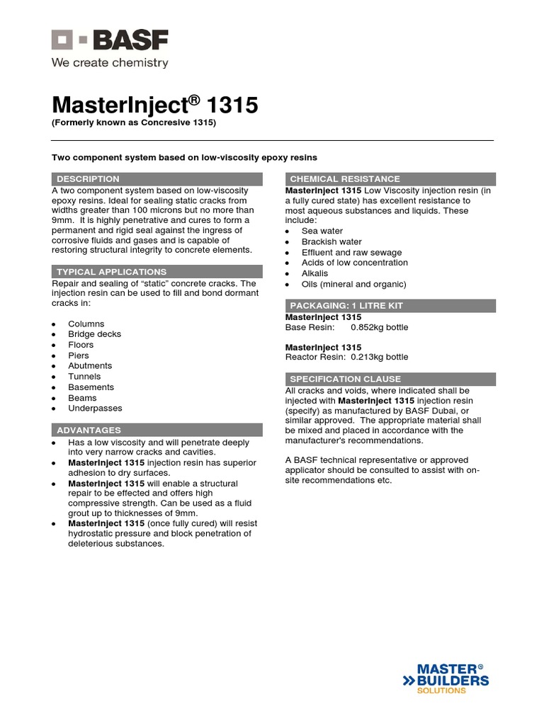 Basf Masterinject 1315 Tds | PDF | Epoxy | Viscosity