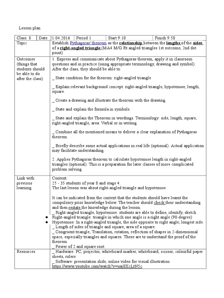 Pythagoras Theorem | PDF | Triangle | Lesson Plan