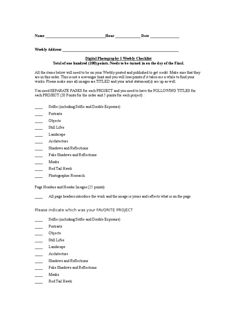 Weebly DP1 Checklist 2016 | PDF | Exposure (Photography) | Crafts