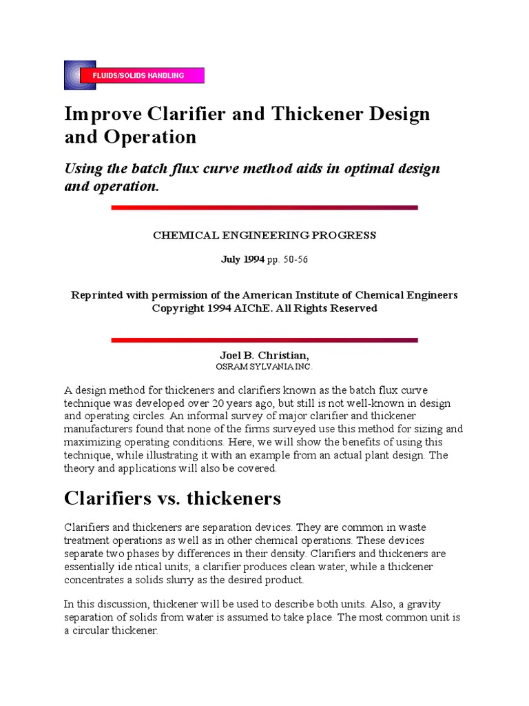 Improve Clarifier and Thickener Design and Operation | PDF | Sewage Treatment | Chemical Reactor