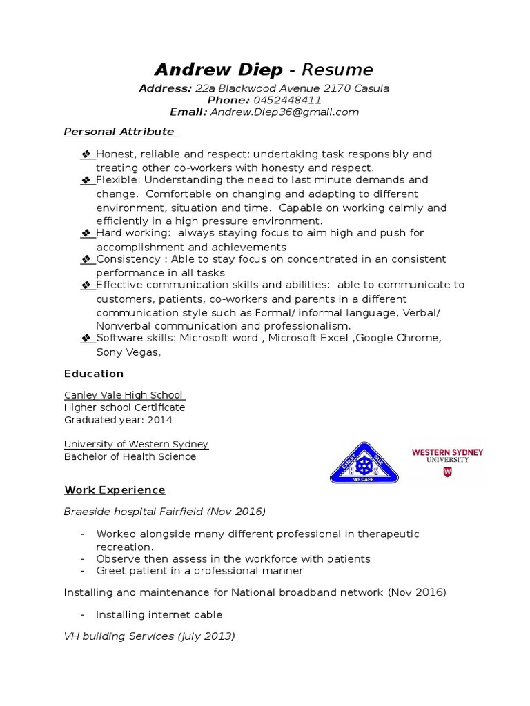 Andrew Diep - CV | PDF | Communication | Cognition