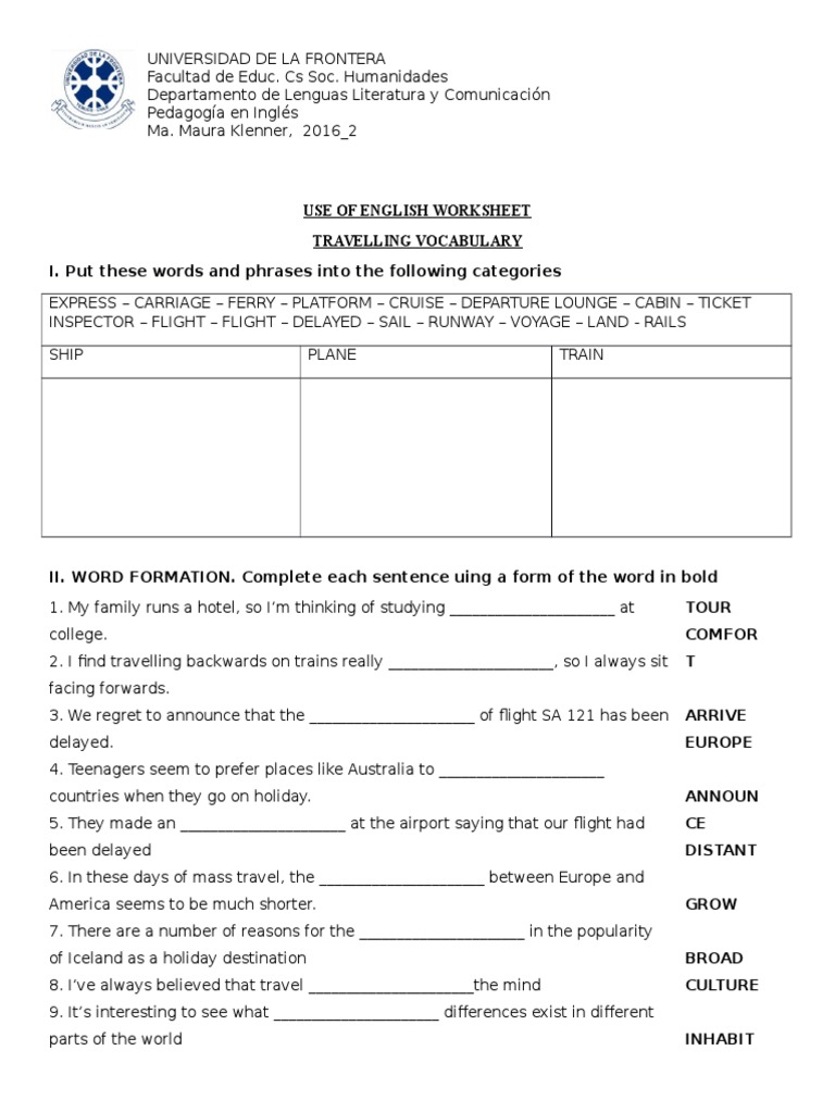 Travel Vocabulary Worksheet | PDF | Phrase | English Language
