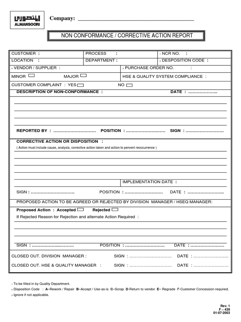 F-439 Non Conformance - Corrective Action Report PDF | PDF