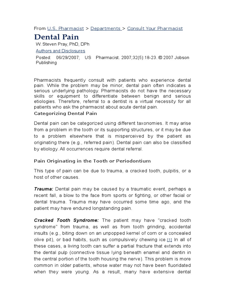 Dental Pain: U.S. Pharmacist Departments Consult Your Pharmacist | PDF ...
