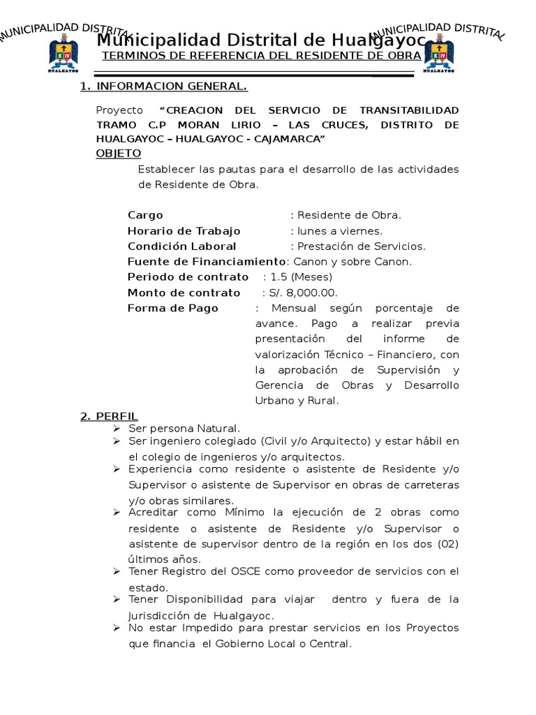 Modelo de TDR para Residente y Supervision | PDF | Arquitecto | Gobierno