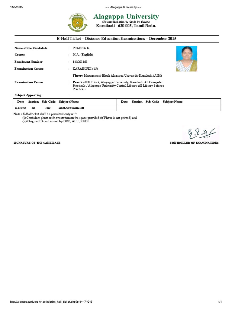 MA English Exam E-Hall Ticket | PDF
