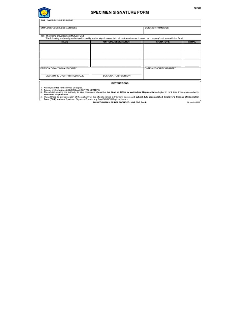 Pag-IBIG Employer Specimen Signature Form | PDF | Business | Computing ...