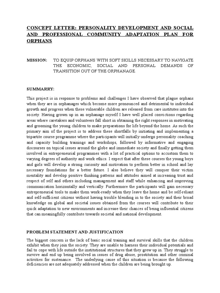 Concept Letter for Orphanage Project 2 | Capacity Building | Orphanage