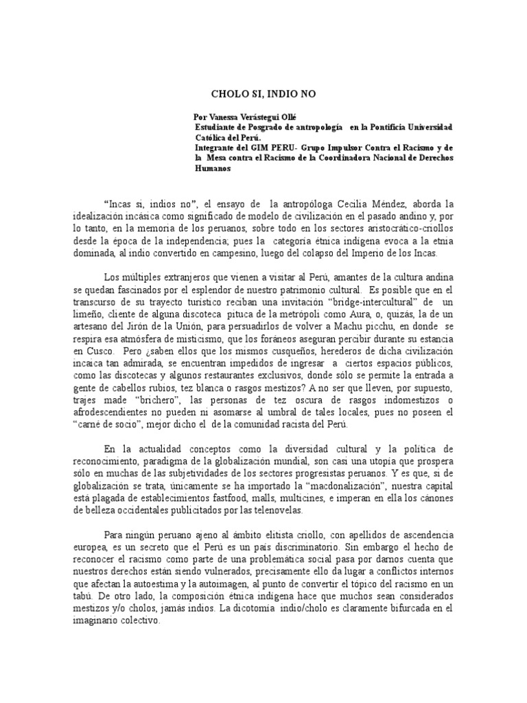 Cholo Si Indio No | PDF | Perú | Gente indígena