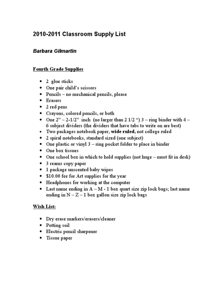 2010-2011 Classroom Supply List: Barbara Gilmartin | PDF