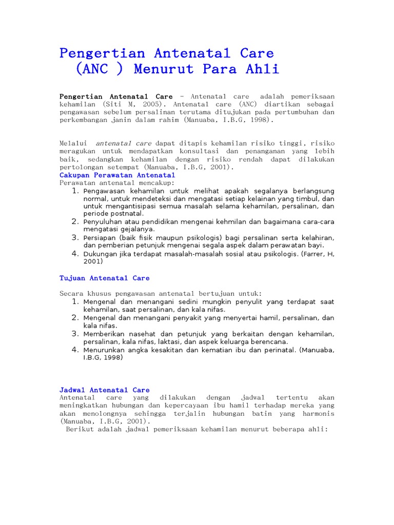 Pengertian Antenatal Care (ANC) Menurut para Ahli | PDF