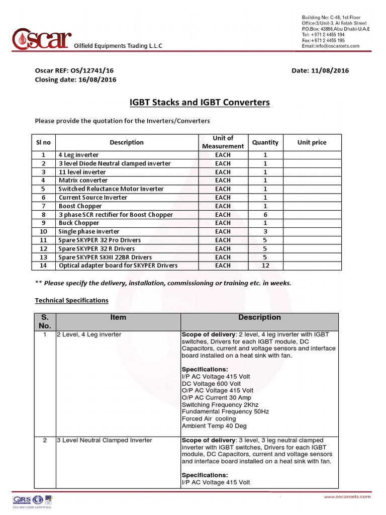 IGBT Converter Quotation Request | PDF | Power Inverter | Rectifier