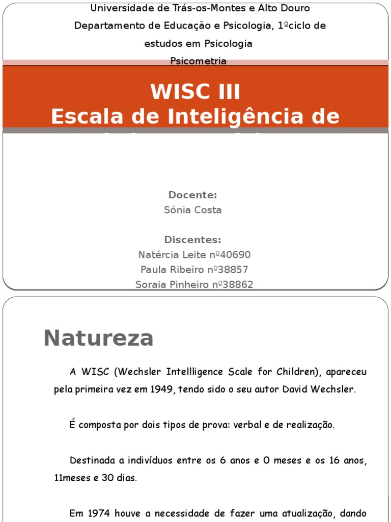 WISC III Escala de Inteligência de Wechsler para Crianças | PDF