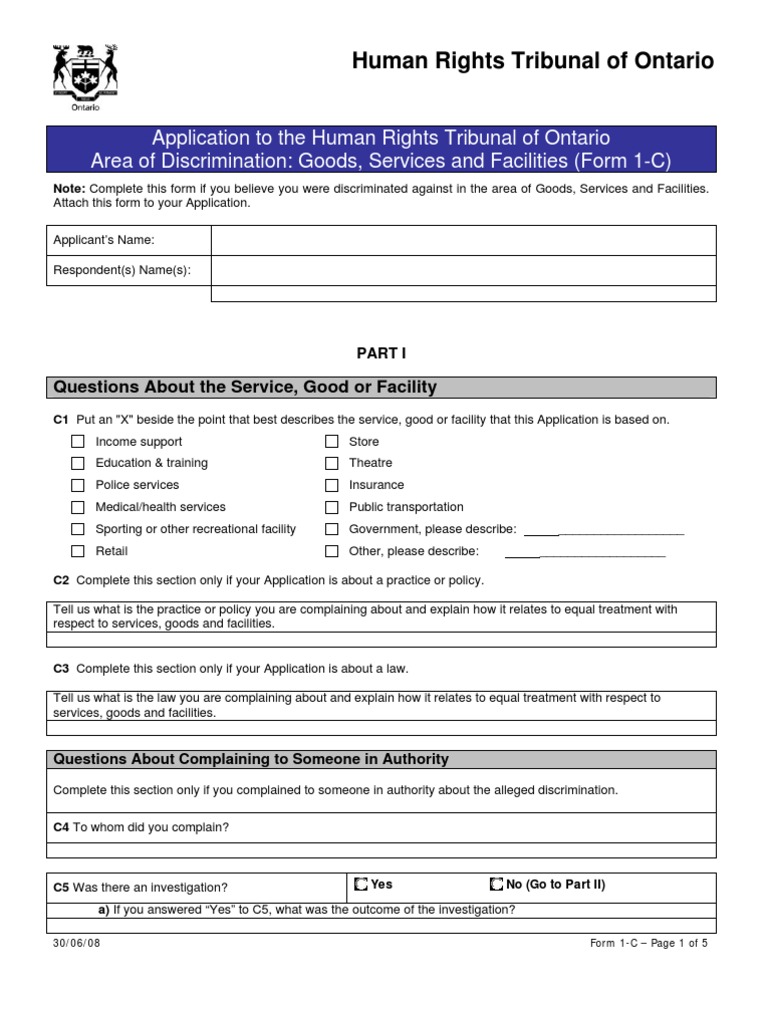 Ontario Faclities Human Rights Form 1C | Discrimination | Gender