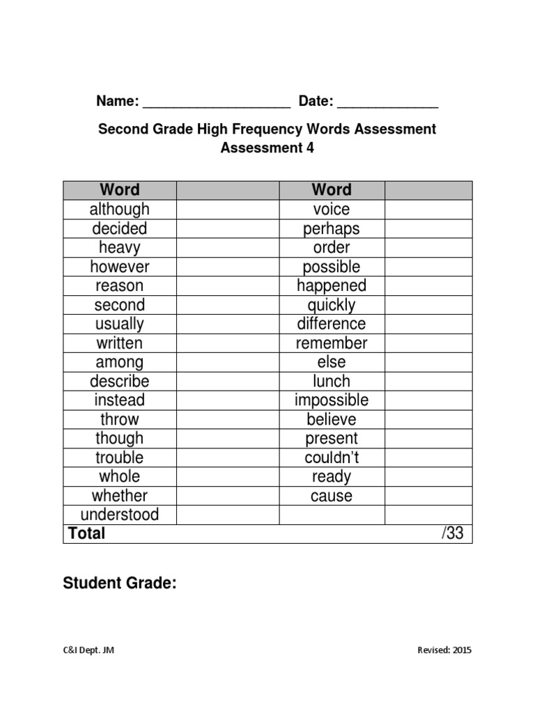 Second Grade High Frequency Word Assessment 4 | PDF
