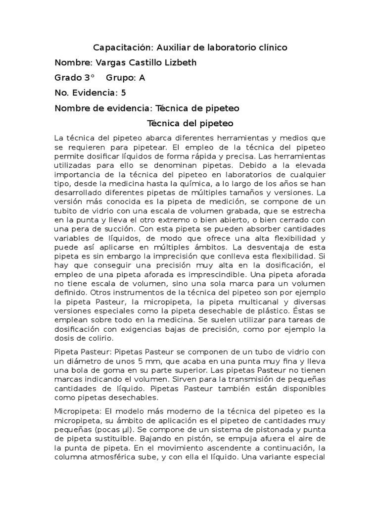 Técnicas de Pipeteo en Laboratorio | PDF | Volumen | Laboratorios