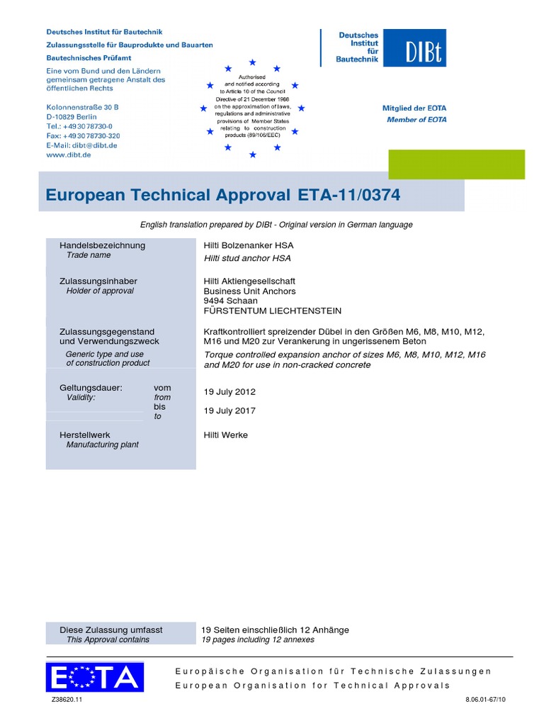 ETA 11 0374 For HSA Stud Anchor ETAG 001-02 Option 7 Approval Document ASSET DOC APPROVAL 0201 | PDF
