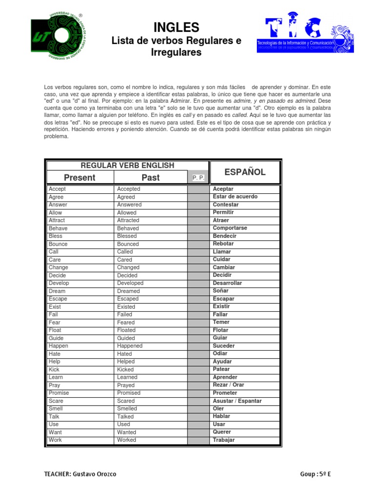 Lista de Verbos Irreg y Reg TICSI | PDF | Tipología Lingüística ...