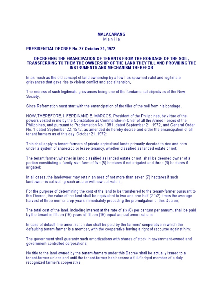 PD 27 Agrarian Reform | Download Free PDF | Decree | Agriculture