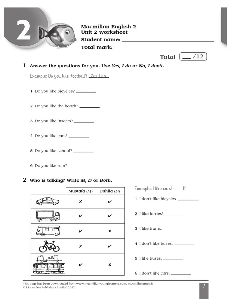 Macmillan English 2 Unit 2 Worksheet Student Name: Total Mark | PDF
