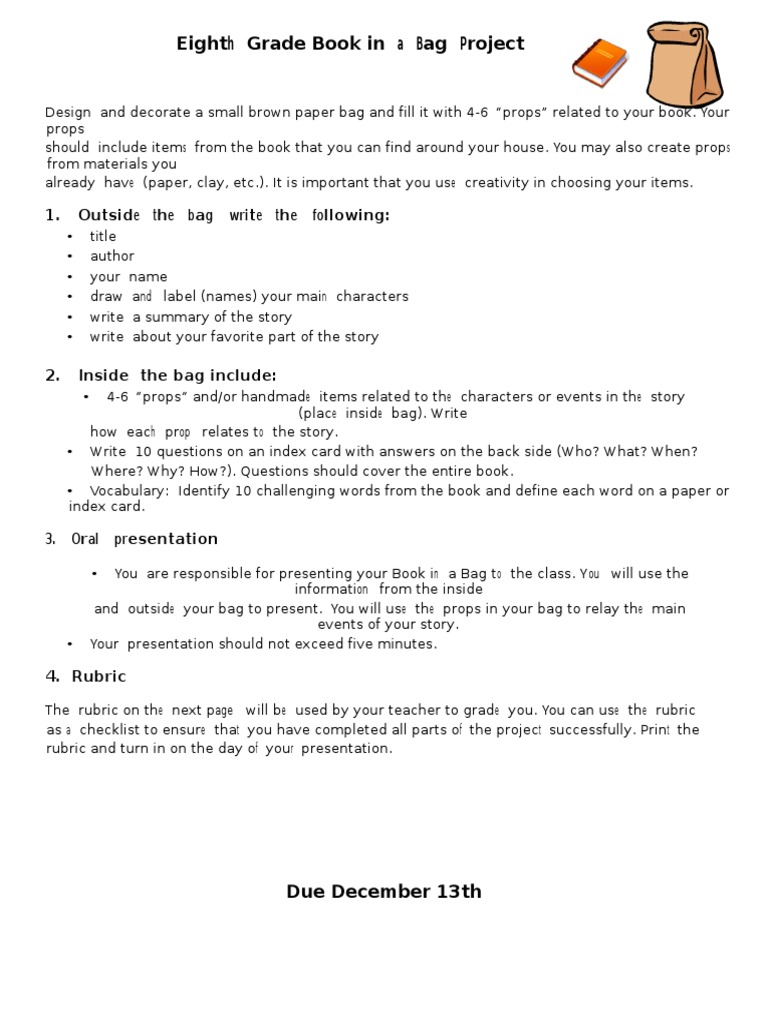 Eighth Grade Book in A Bag Project: 1. Outside The Bag Write The ...