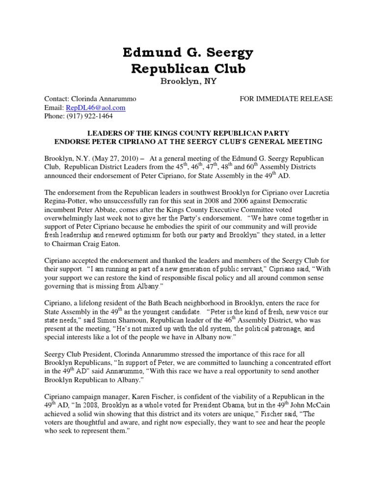 Seergy Republican Club Press Release | PDF | Brooklyn | Republican ...