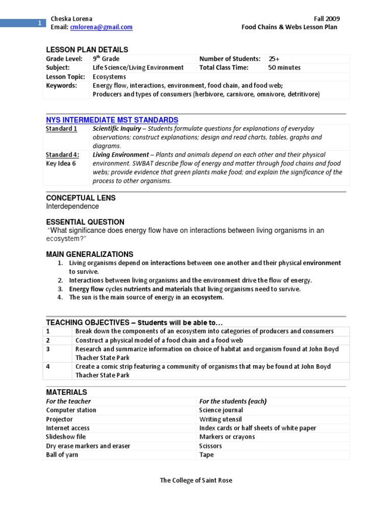 Cl Edu 503 Sample Constructivist Lesson Plan Pdf Food Web Lesson Plan
