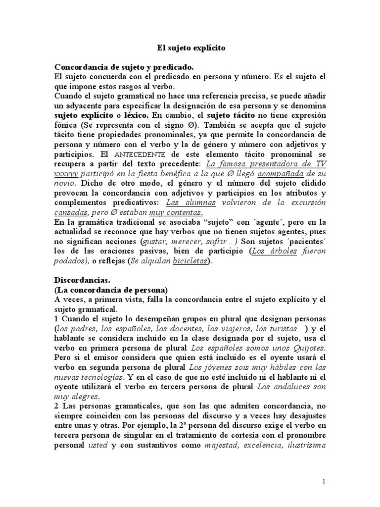TEMA 1. El Sujeto Explícito | PDF | Asunto (gramática) | Verbo