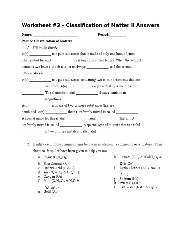 Classification of Matter Worksheet II | PDF | Chemical Compounds ...