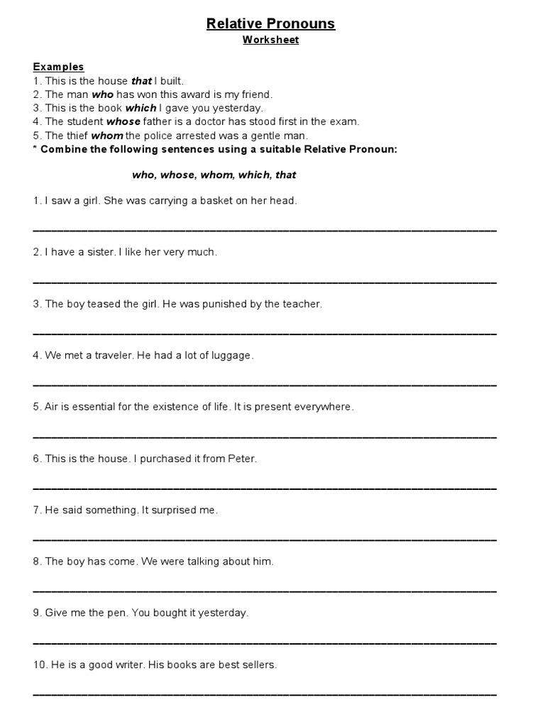 Relative Pronouns Worksheet for Class 5 | PDF