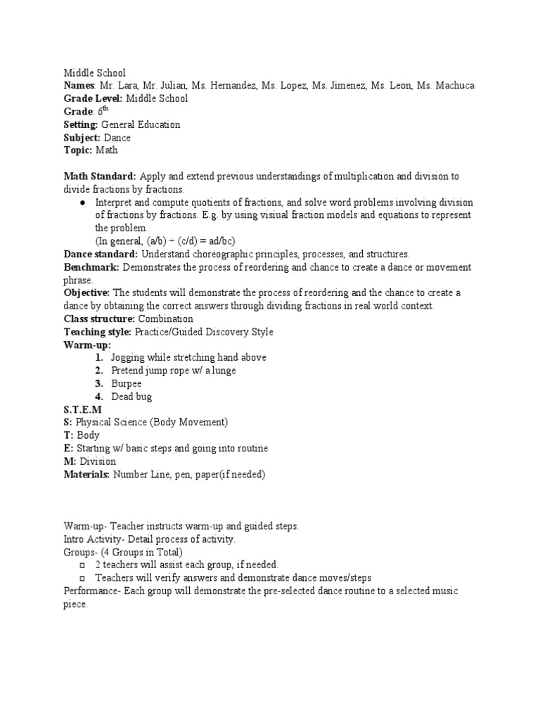Dance Lesson Plan Middleschool | PDF